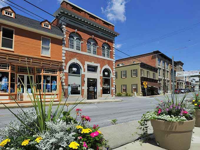Colorful planters overflow with flowers, showing how small touches create big impressions in tight-knit towns.