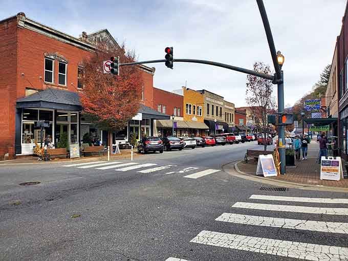 Autumn colors frame the streetscape, proving that small-town life looks beautiful in every season, especially when neighbors gather together.