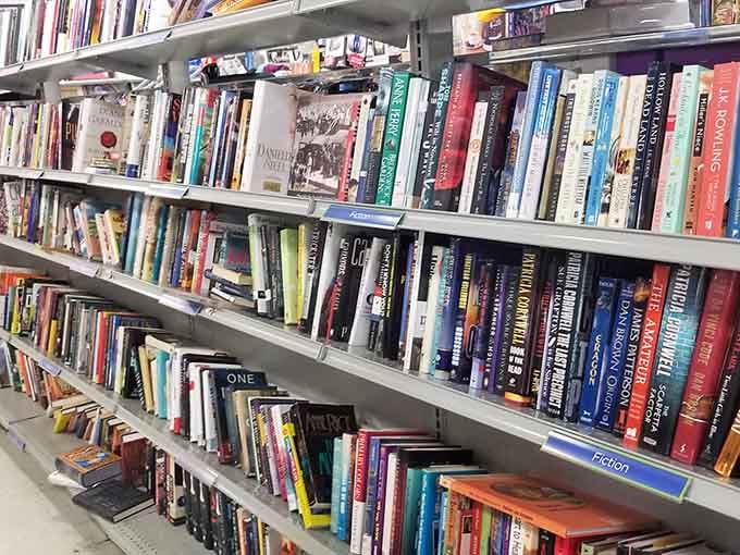 Books arranged on shelves like a library that actually wants you to take things home permanently.