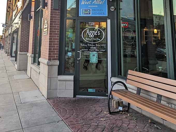 That bench outside isn't just for resting tired feet, it's for contemplating which donuts you're getting next.