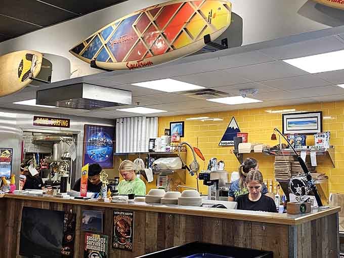 Surfboards overhead remind you that good vibes and great food go together like peanut butter and jelly.