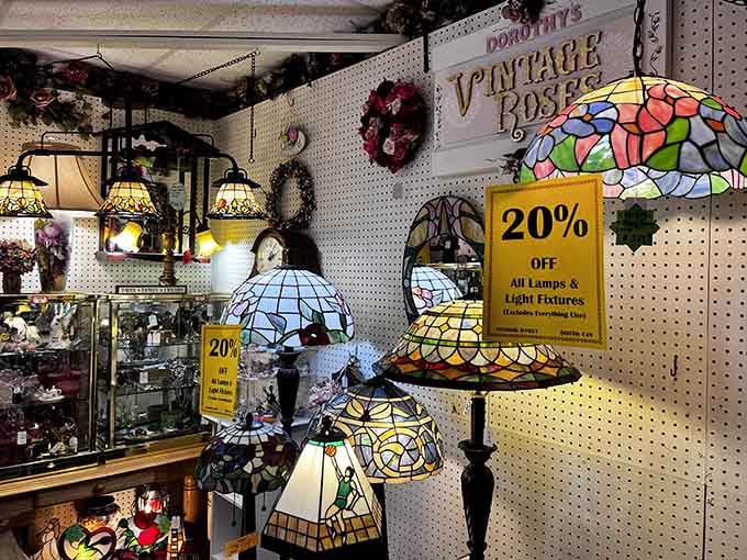 Tiffany-style lamps casting their colorful glow, turning any room into something special without breaking the bank.