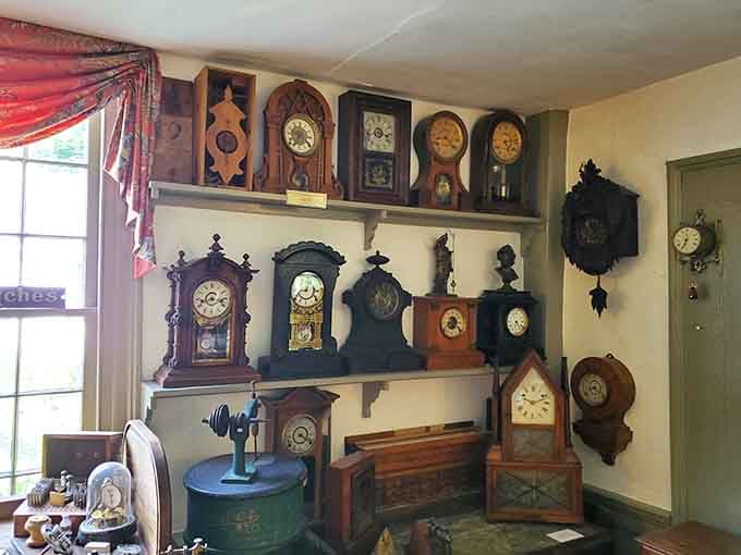 Shelf after shelf of vintage beauties, each clock representing countless hours of skilled labor and artistic vision combined.
