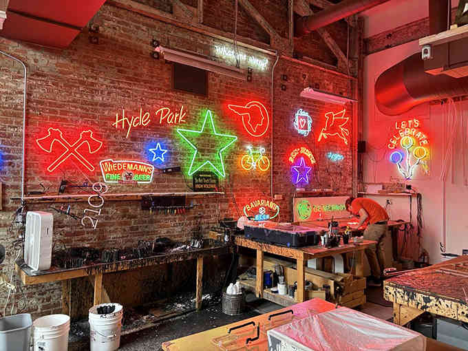 The working restoration shop reveals the painstaking artistry required to keep these glowing treasures alive for future generations.