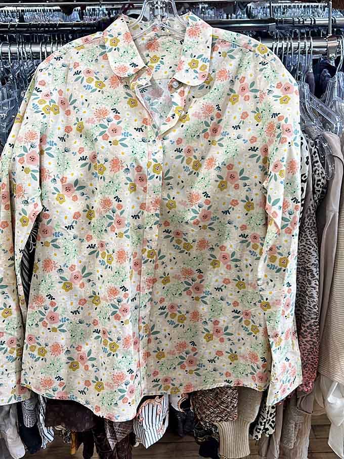 This floral blouse brings springtime vibes year-round, proving vintage patterns never really go out of style, they just wait patiently.