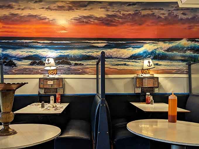 Sunset murals and comfortable seating prove that atmosphere matters almost as much as what's on your plate each morning.