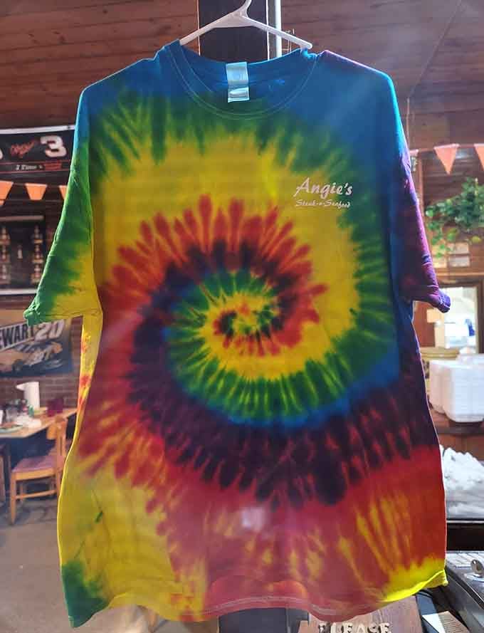 Nothing says "I survived the buffet" quite like a psychedelic tie-dye t-shirt commemorating your seafood feast adventure here.