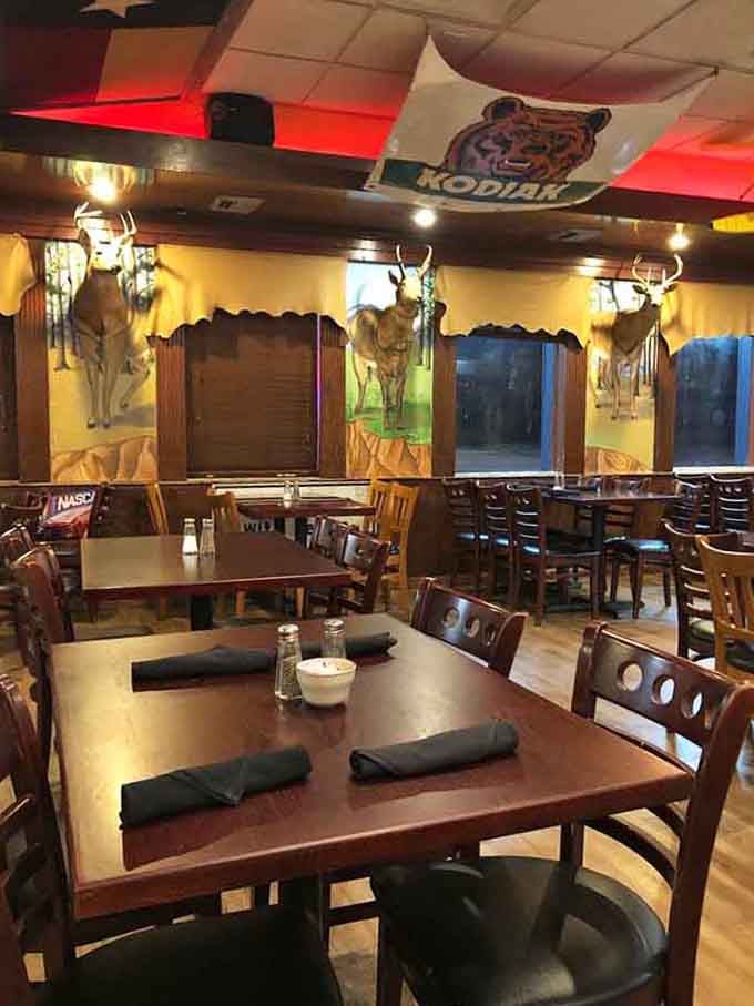 Spacious dining room with comfortable seating where you can properly tackle that massive cowboy steak challenge.