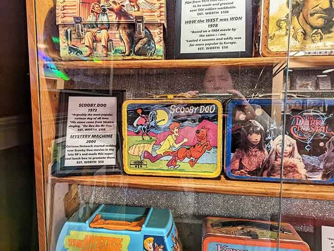 Vintage lunch boxes and pop culture memorabilia line the shelves like a time capsule from childhood.