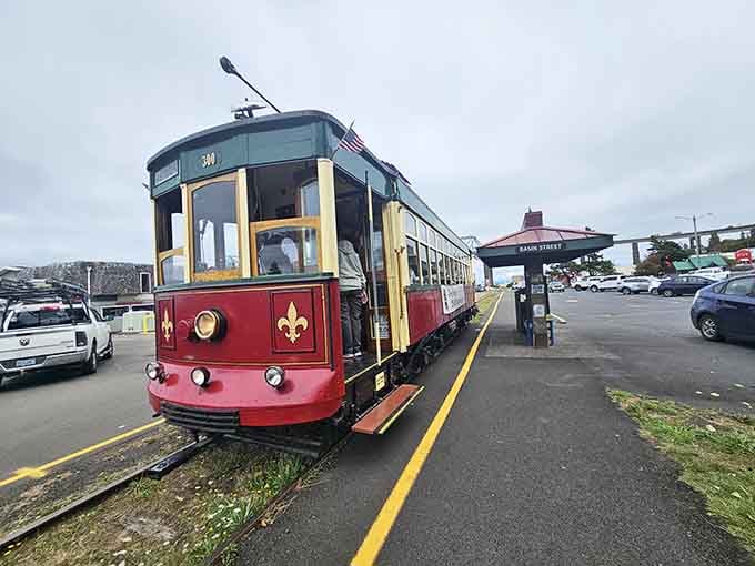 Parked at the station, the trolley waits to carry its next group of time travelers.