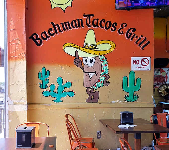 A smiling cartoon taco in a sombrero sets the tone: this place doesn't take itself too seriously, just seriously good.