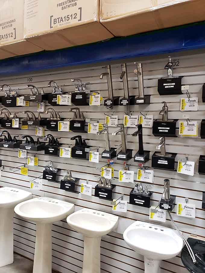 Bathroom fixtures line the walls like a plumber's dream, offering style upgrades at handyman-friendly prices for every home.