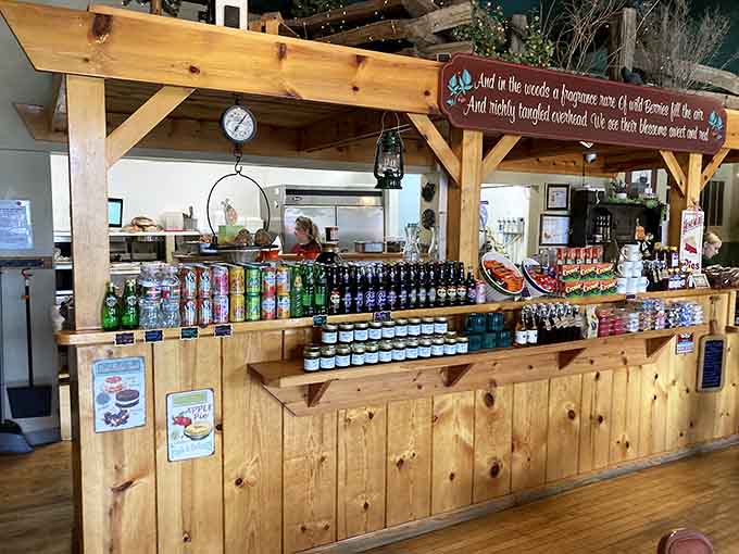 Local products and homemade goodies line the counter, tempting you to take a little Berry Fields magic home.