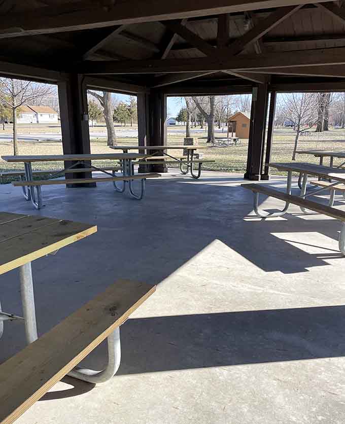 Covered picnic shelter where your potato salad stays cool and your family stories flow freely all afternoon long.