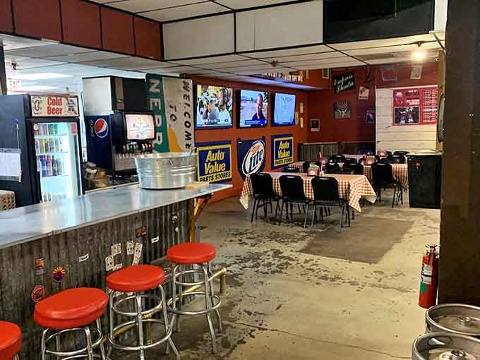 Bar seating with cold drinks and multiple screens means you can watch the game while contemplating your meat choices.