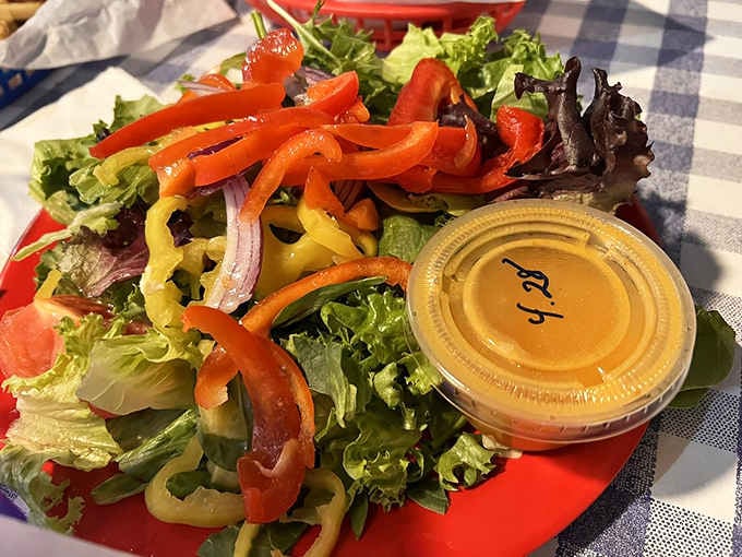 A garden salad so colorful and fresh it almost makes you forget about those burgers, but not quite.