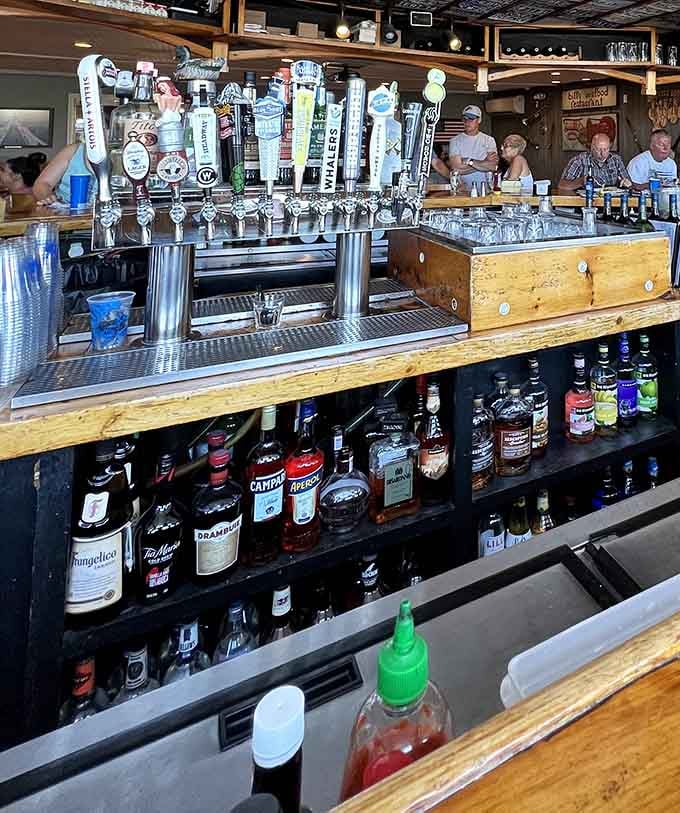 That impressive tap selection means your seafood feast comes with proper liquid accompaniment for discerning adults.