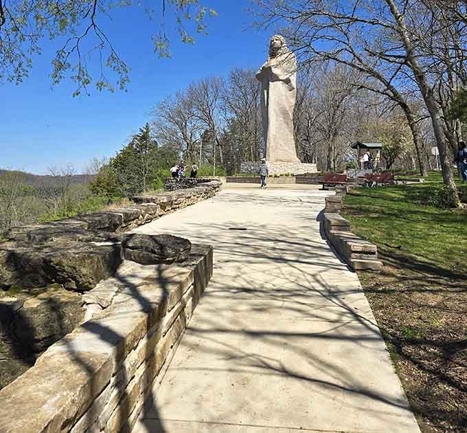 Stone-lined pathways guide you upward, building anticipation like the world's most dignified theme park entrance experience.