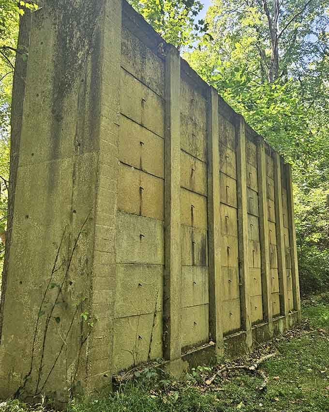This weathered concrete structure tells stories of the area's industrial past, now reclaimed by moss and peaceful woodland surroundings.