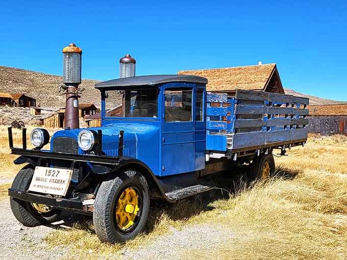 A vintage Dodge truck sits perfectly preserved in the dry air, looking ready for one more supply run into town.