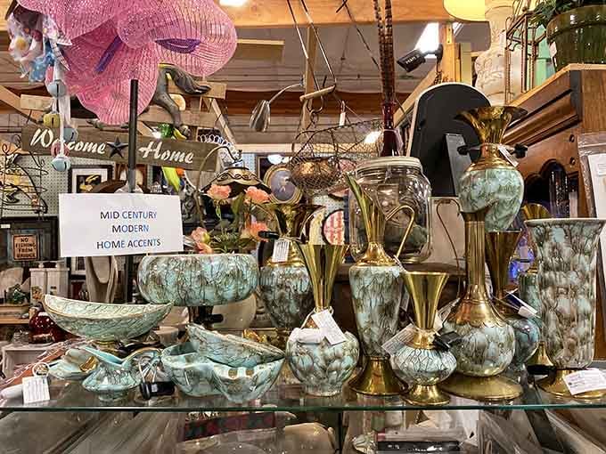 Mid-century modern pieces in that gorgeous patina proving avocado green was actually ahead of its time.