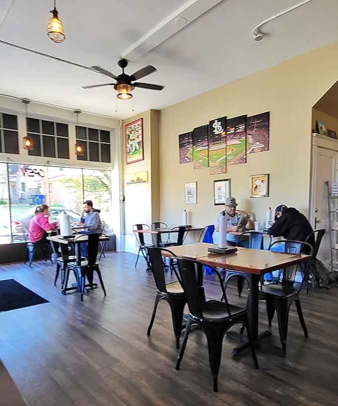 St. Louis Cardinals memorabilia decorates walls where locals gather for their sandwich fix daily.