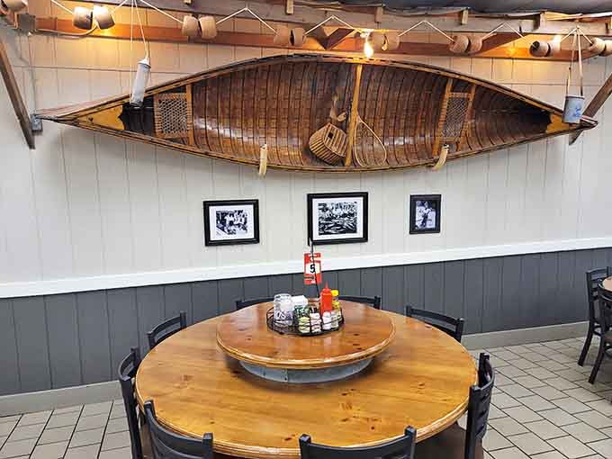 That canoe hanging from the ceiling adds rustic charm, though after eating here, you'll need one to float out the door.
