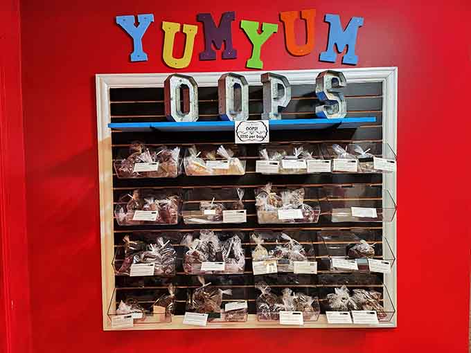 The "Oops" section where perfectly delicious chocolates go because they're not Instagram-perfect, but taste just as amazing.