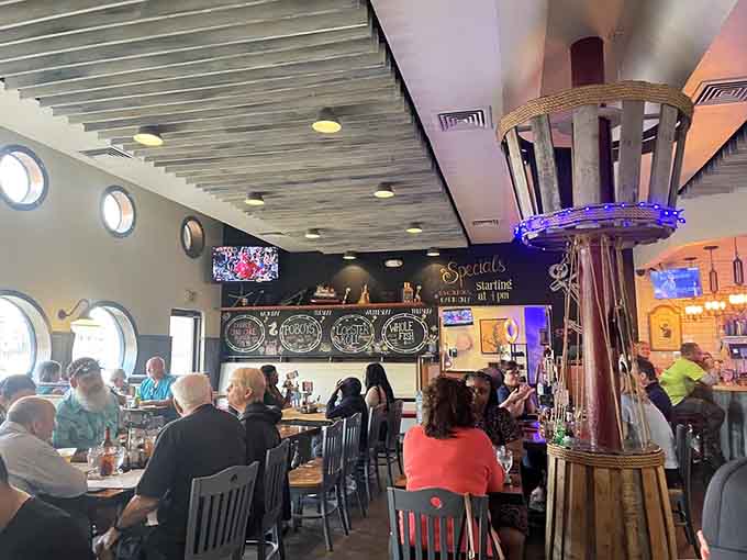 The dining room features porthole windows and nautical touches throughout. You're basically eating in the captain's quarters without the seasickness.