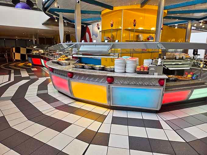 The buffet stations gleam with colorful panels and endless possibilities, making decision-making delightfully difficult for hungry guests.
