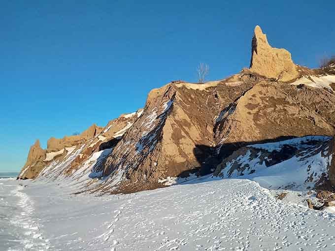 Winter transforms the bluffs into frozen sculptures that look like they belong on another planet entirely, preferably one with hot chocolate.