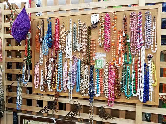 A rainbow of beaded necklaces that would make your grandmother weep with joy and nostalgic recognition.
