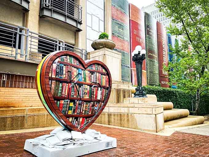 A heart filled with tiny books reminds us that loving literature never goes out of style here.
