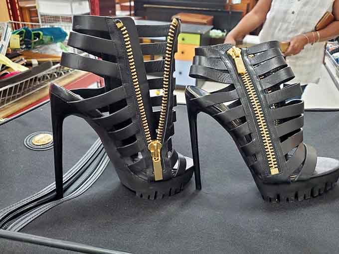 These platform heels with gold zippers are screaming "disco comeback" louder than any Saturday Night Fever soundtrack ever could.