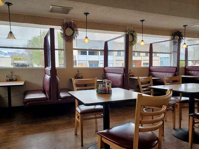 Booth seating with big windows lets you watch small-town life unfold while savoring every last bite.