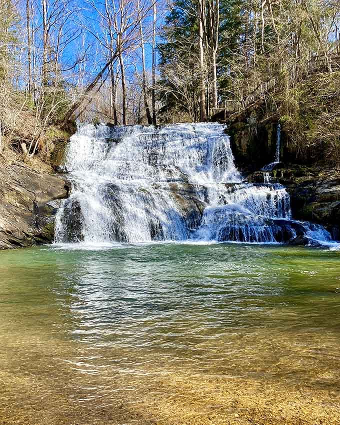 Crystal-clear waters cascade over rocks, creating nature's own infinity pool in the Georgia mountains.