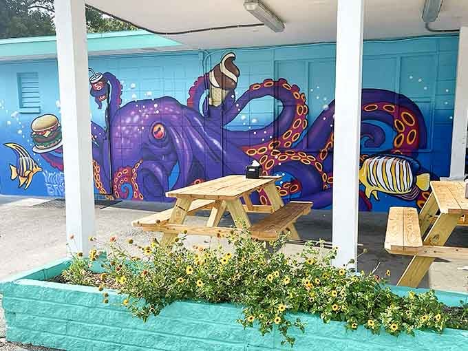 More colorful murals transform simple picnic tables into an Instagram-worthy tropical paradise, minus the expensive plane ticket.
