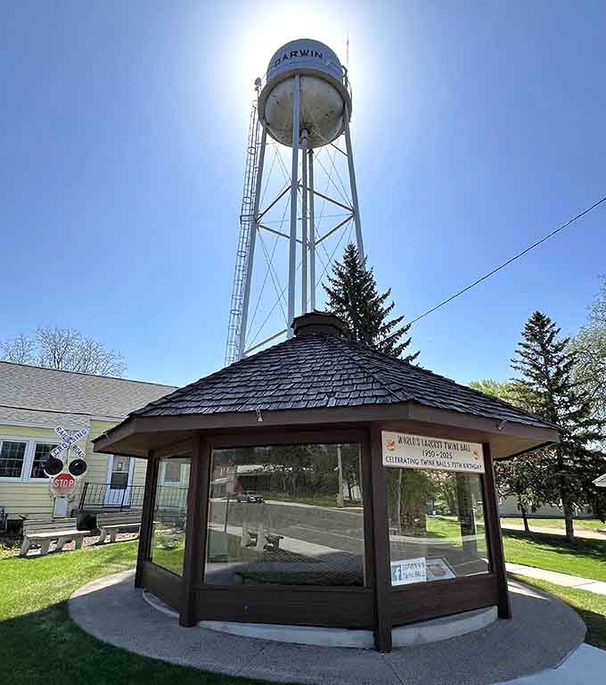 Darwin's water tower looms overhead, reminding you that small towns dream big and wrap even bigger balls of twine.