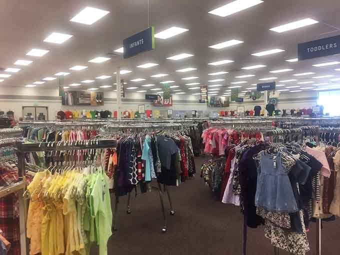 Children's clothing organized by size, making it easy to outfit rapidly growing humans without going broke.