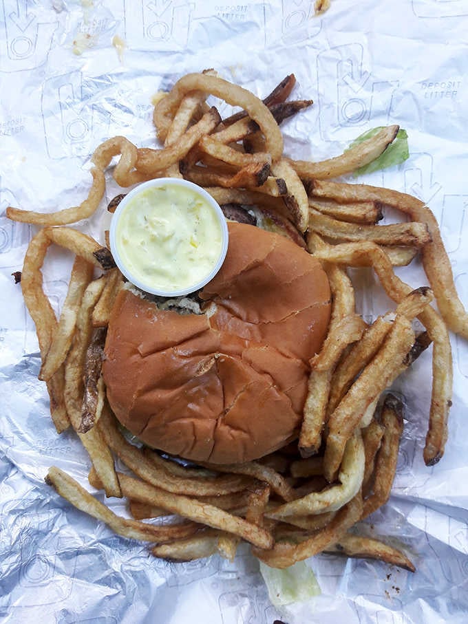 When your burger comes with a side of tartar sauce and enough fries to share, but you won't.