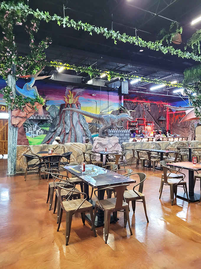 Murals of erupting volcanoes and prehistoric landscapes transform the dining room into an adventure worth remembering and sharing widely.