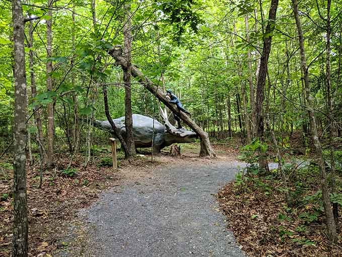 The peaceful forest trail belies the prehistoric chaos waiting around each bend, making every step an adventure in absurdity.