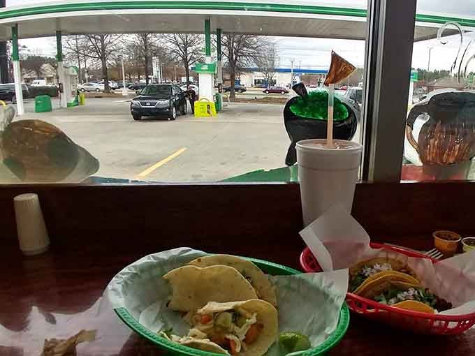 That view of the gas pumps outside reminds you this isn't fine dining, but the tacos sure taste like it.