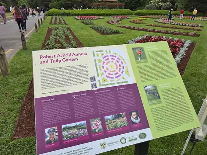 Educational signage helps visitors appreciate the artistry and planning behind all this natural beauty.