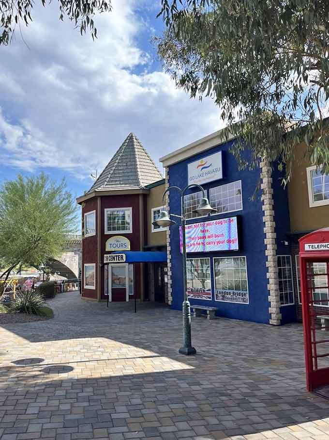The visitor center helps orient newcomers to this Tudor wonderland planted improbably in the Sonoran Desert.