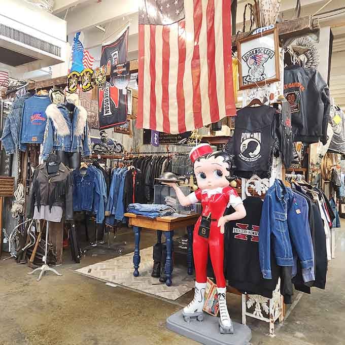 Betty Boop guards this Americana clothing collection like the patriotic icon she is, denim and leather everywhere you look.