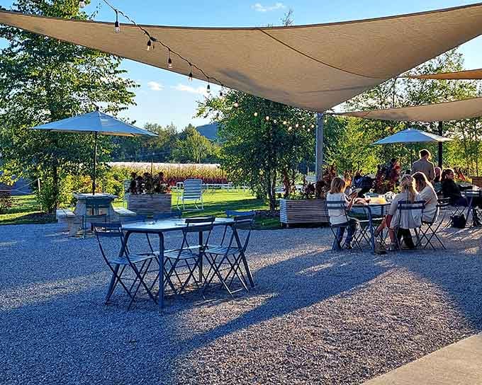 Dining al fresco surrounded by actual farmland makes you feel like you're in a European countryside fantasy.
