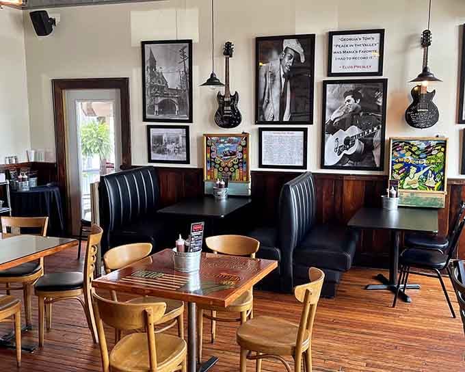 Blues memorabilia and guitars on the walls remind you that great music and great food share common roots.
