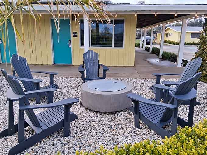 Modern fire pits surrounded by Adirondack chairs create the perfect spot for s'mores and stargazing sessions tonight.