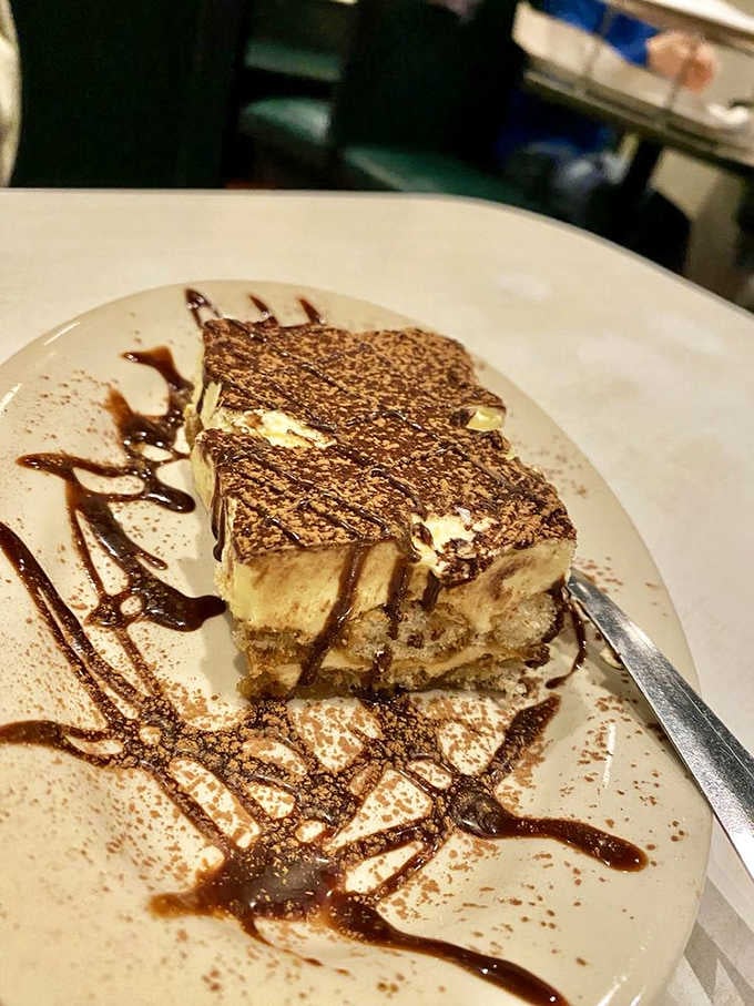 Tiramisu presented with the kind of chocolate drizzle artistry that makes you pause before destroying this edible masterpiece completely.